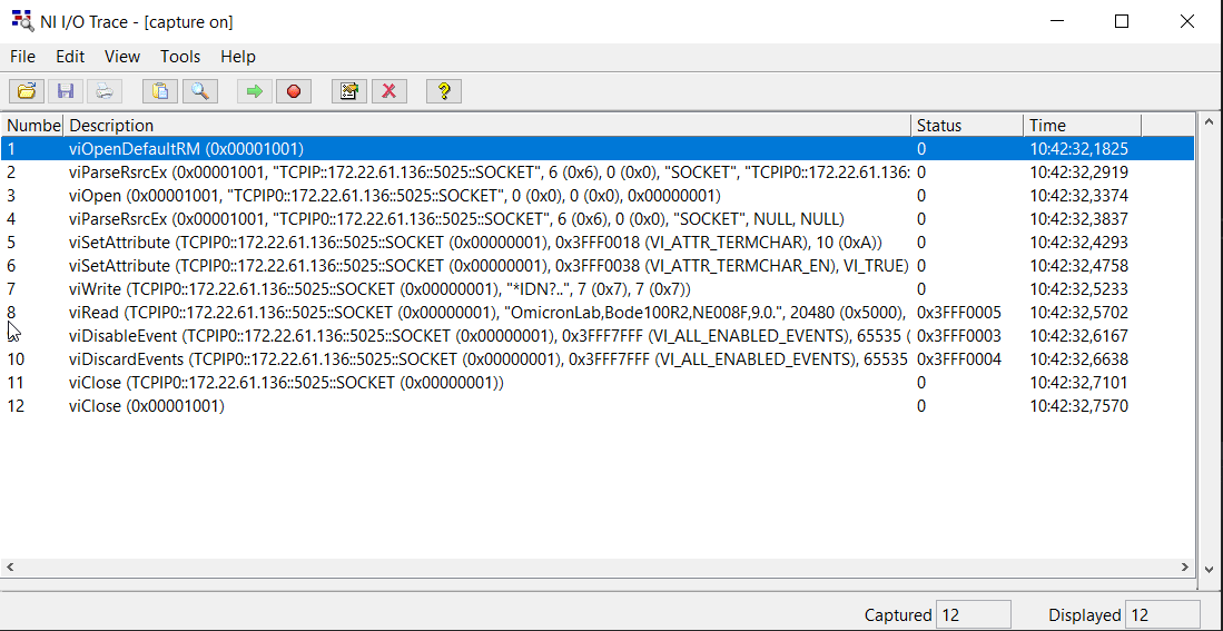 Usage of NI I/O trace to monitor the SCPI traffic